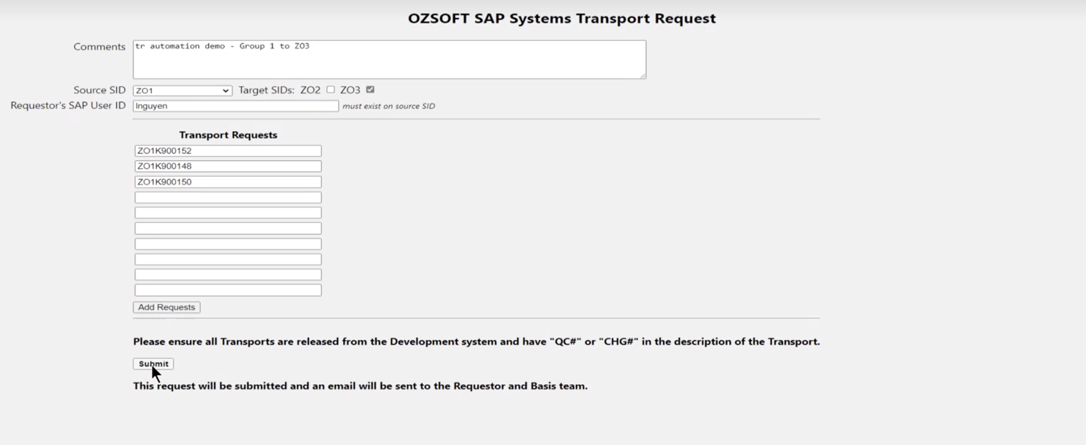 Automated SAP Transport Request Management